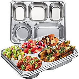 Cezoyx 4 Pack Stainless Steel Divided Trays, 5 Section Divided Dinner Plates Rectangular 304 Steel Section Control Plates for Adults, Kids, Campers, Diet Food Portion Control