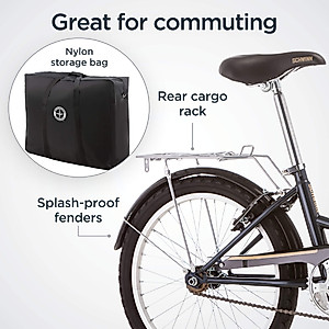 Schwinn Hinge Adult Folding Bike, Mens and Womens, 20-inch Alloy Wheels, Single Speed Drivetrain, Rear Cargo Rack, Carrying Bag Included for Storage, Grey