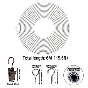 White Curtain Wire 6 Meter Wall Decor Picture Hanging Kit with 10 Curtain Clips 10 Pairs of Screw Eyes and Hooks for Net Curtain Rods