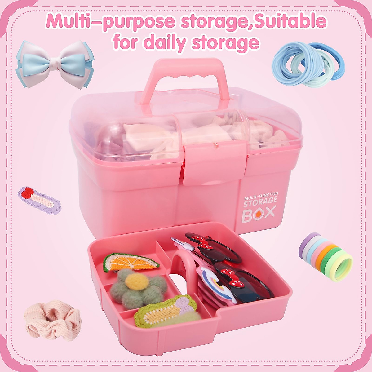 TERGOO 11in Mutipurpose Storage Box Organizer with Removable Tray, Portable Small Craft Box with Handle, Plastic Clear Tool Box Art Case for Makeup, Sewing, Nail, Hair Accessories (Pink)