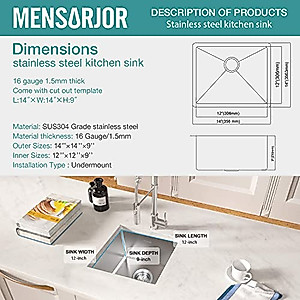 Bar Sink, MENSARJOR 14 x 14 Inch Undermount 16 Gauge Single Bowl Handmade Stainless Steel Kitchen/Bar Sink