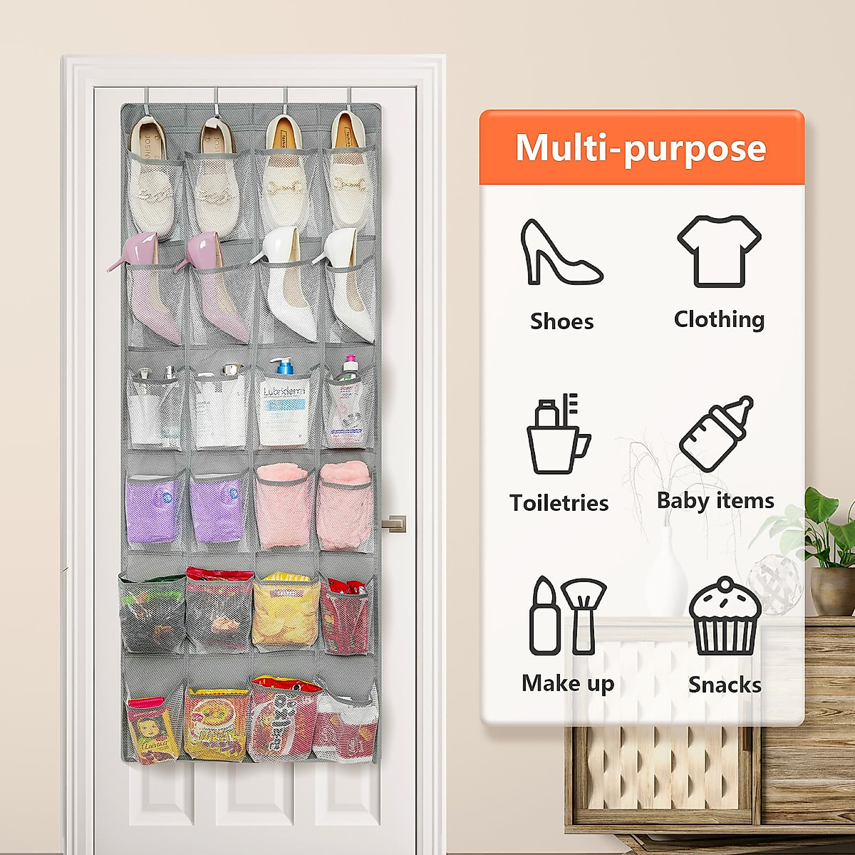 FENTEC 2 Pack Over the Door Shoe Organizer Hanging Shoe Organizer for Closet, Space Saving Mesh Large Pocket Shoe Storage and Organizer with 24 Packets, Shoe Holder for Apartments Garages, Gray
