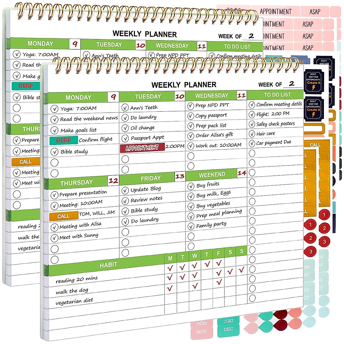 Spiral Weekly Planner with Habit Trackers, 8.7" X 9.5", 2 Pack Weekly To Do List Notepad with Calendar, 52 Sheets Tear Off Note Pad, Work and Personal Organizer