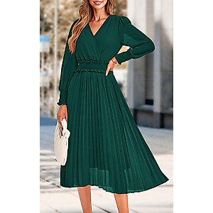 PRETTYGARDEN Women's Midi Long Puff Sleeve Spring Dresses 2024 Smocked Waist Wrap V Neck Flowy Ruffle Pleated Casual Dresses (Dark Green,Medium)