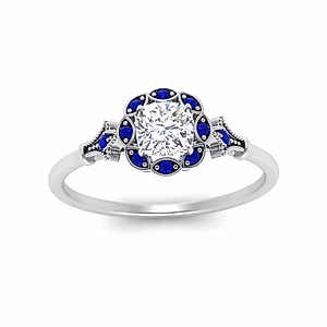 JewelryGift Vintage Halo Diamond Engagement Ring Sterling Silver Created Blue Sapphire Cushion Shape Blue Color Vintage Engagement Rings Pave Setting in Size 7 Casual Wear for Gift