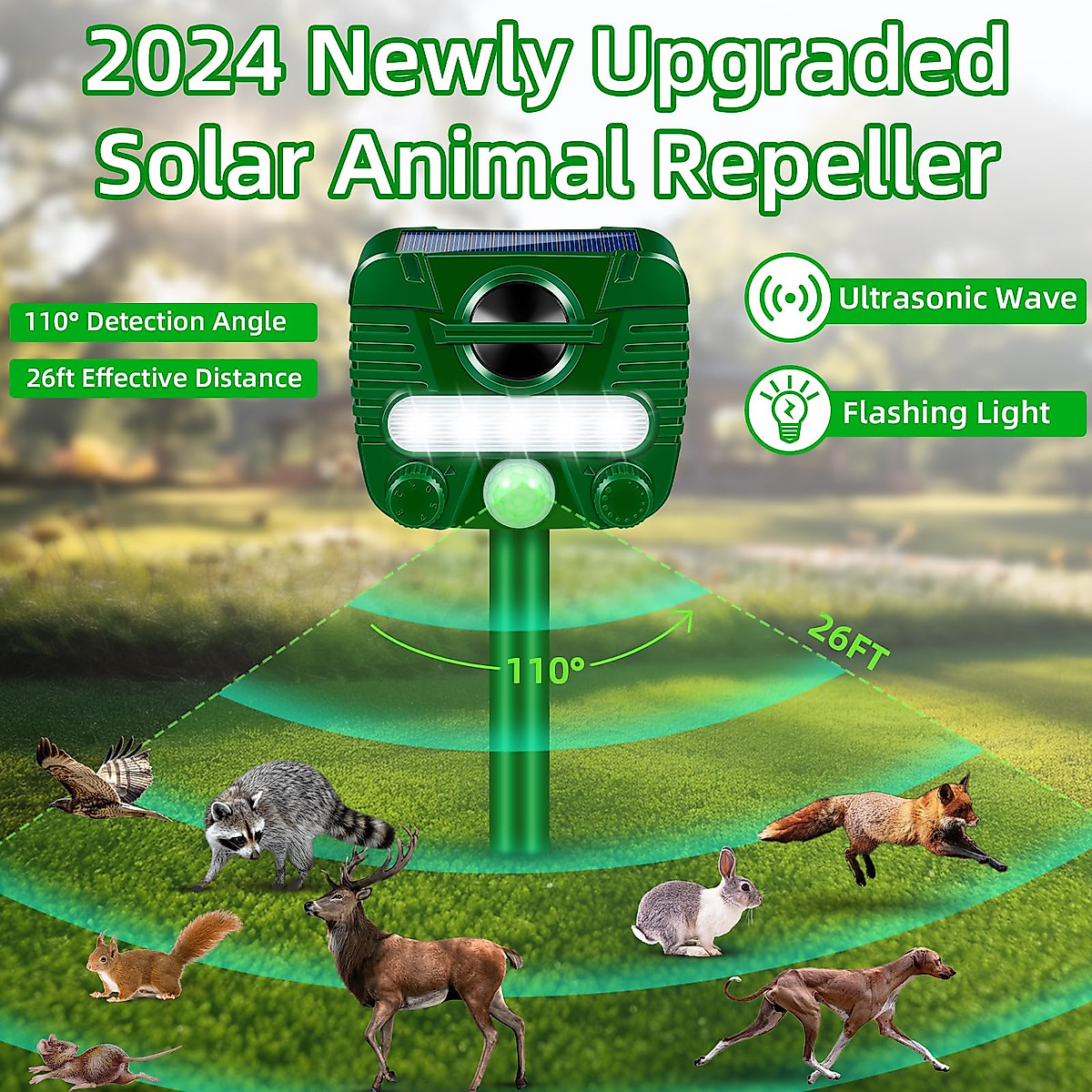 2024 Upgraded Animal Repellent Outdoor Solar Deer Repellent Devices Raccoon Repellent Ultrasonic Cat Repellent Coyote Deterrent Motion Activated Cat Deterrent Squirrel Repellent Skunk Repellent