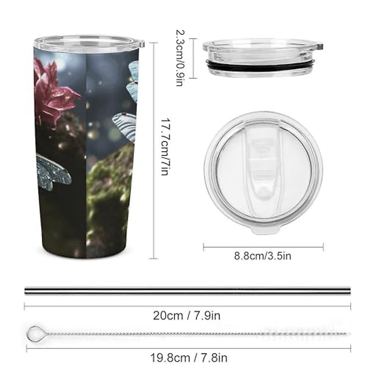 FHENMSA Stainless Steel Insulated Travel Coffee Mug,Blue Dragonfly Print Reusable Car Cup,Thermal Cup for Outdoor with Straw And Lid