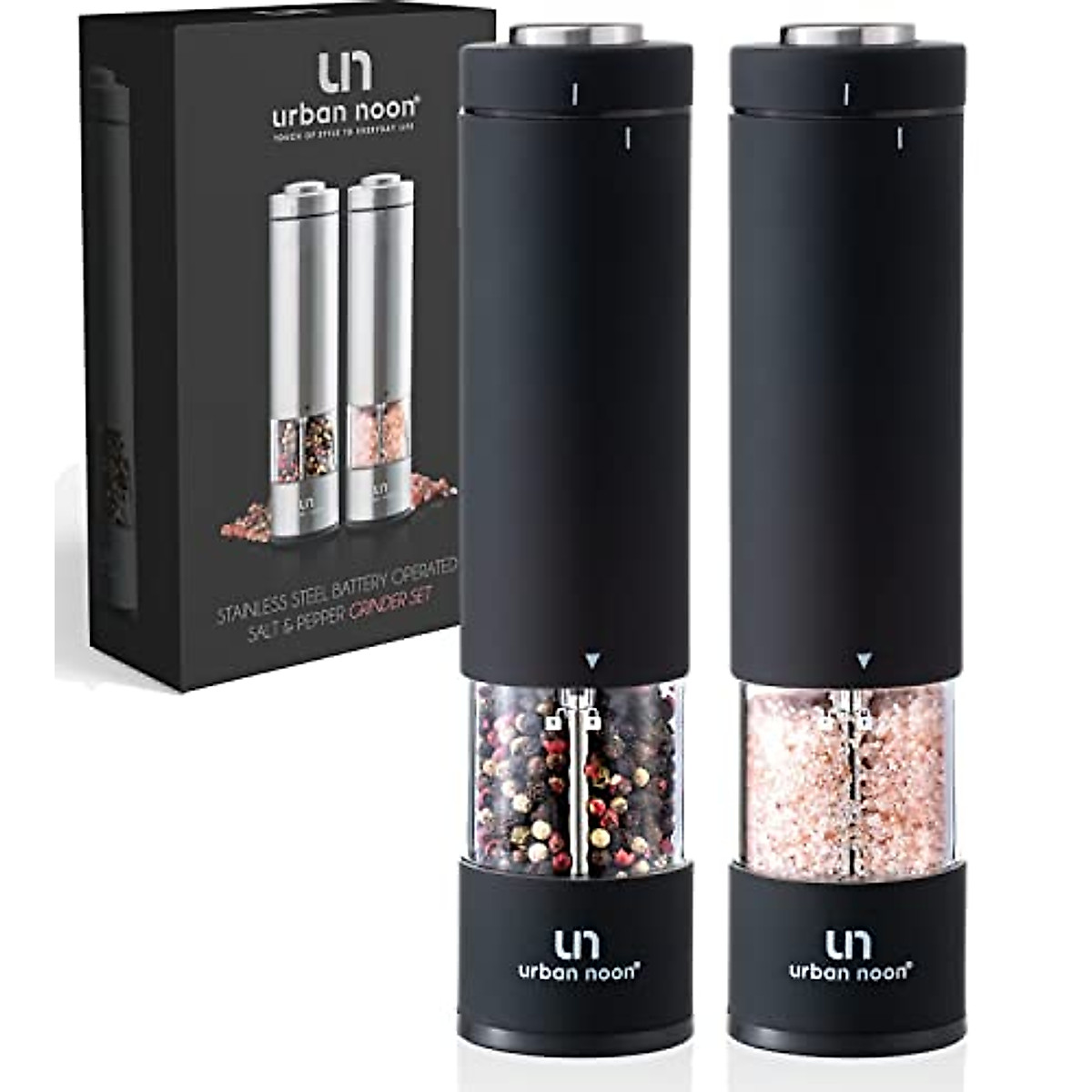 Electric Salt and Pepper Grinder Set - Battery Operated Stainless Steel Mill with Light (2 Black Mills) - Automatic One Handed Operation - Electronic Adjustable Shakers - Ceramic Grinders