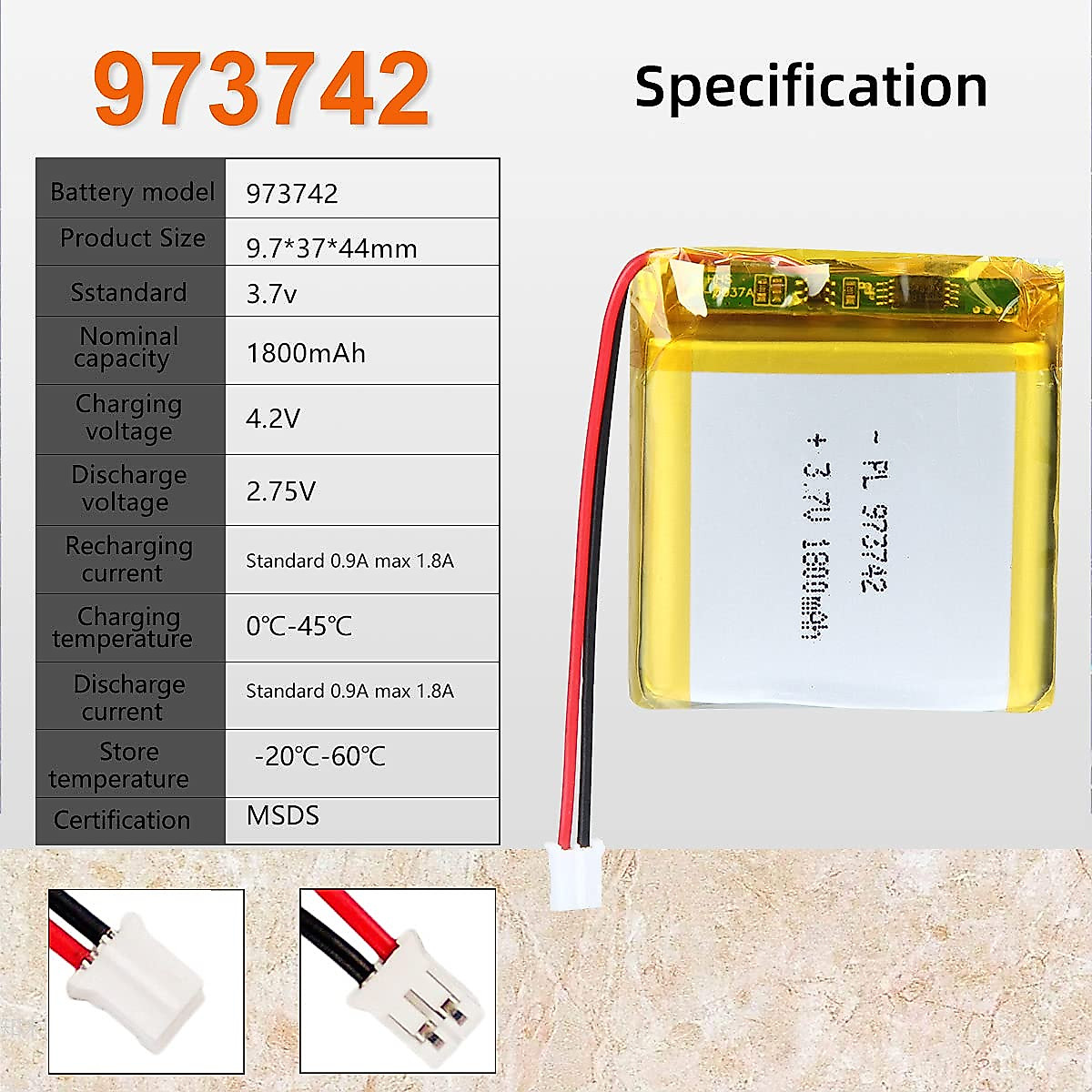 AKZYTUE 3.7V 1800mAh 973742 Lipo Battery Rechargeable Lithium Polymer ion Battery Pack with JST Connector