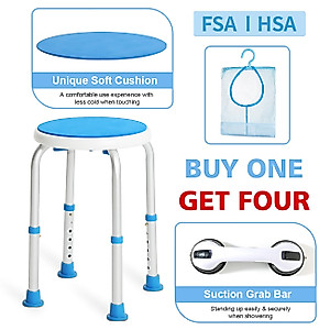 SOUHEILO Adjustable Shower Chair for Inside Shower, HSA/FSA Eligible Round Shower Stool for Inside Bathtub with Assist Grab Bar/Toiletry Bag, Tool-Free Shower Seat for Elderly/Senior/Disabled/Pregnant
