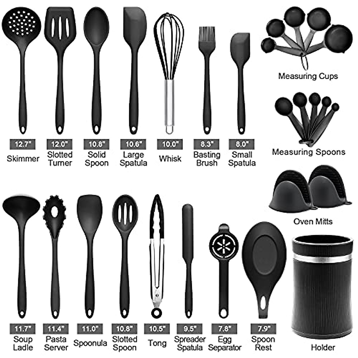 Silicone Cooking Utensils Set, 28PCS Kitchen Utensils Set with Holder, AIKWI Heat-Resistant & Non-stick Silicone Spatula, Tongs,Spoon for Cooking, BPA Free Kitchen Tools Gift (Black)