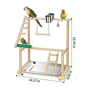 Ozzptuu Bird Playground Natural Wood Small/Medium Parrot Playstand Pet Bird Feeder Perch Stand with Seed Cups Ladder Hanging Swing