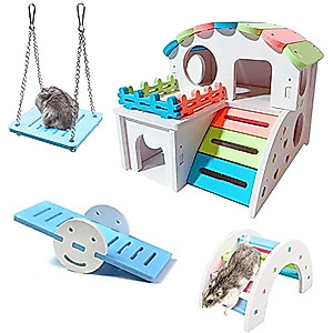 YUEKUA 4 Pieces of Hamster Toy Accessories DIY Gerbil Hiding House, Rainbow Bridge Swing, Hamster Seesaw Toy, Small Animal Fitness chew Toys