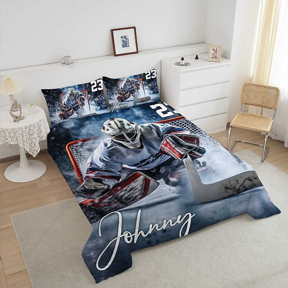 WAZARO Custom Amazing Ice Hockey Goalie Comforter Set, Personalized Hockey Blanket Twin Full Queen King, Hockey Decorations for Boys Room Hockey Stick Bedding Sets Bedspreads Sport Home Decor