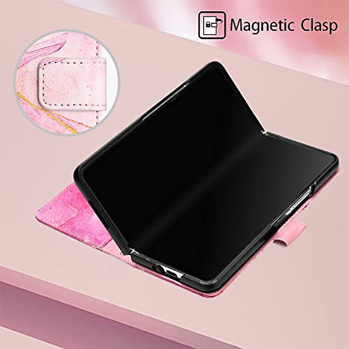 Compatible with Samsung Galaxy Z Fold 4 Case with Wallet Marble Pink Purple Gold with Long Crossbody Lanyard and Hand Strap for Samsung Galaxy Z Fold4