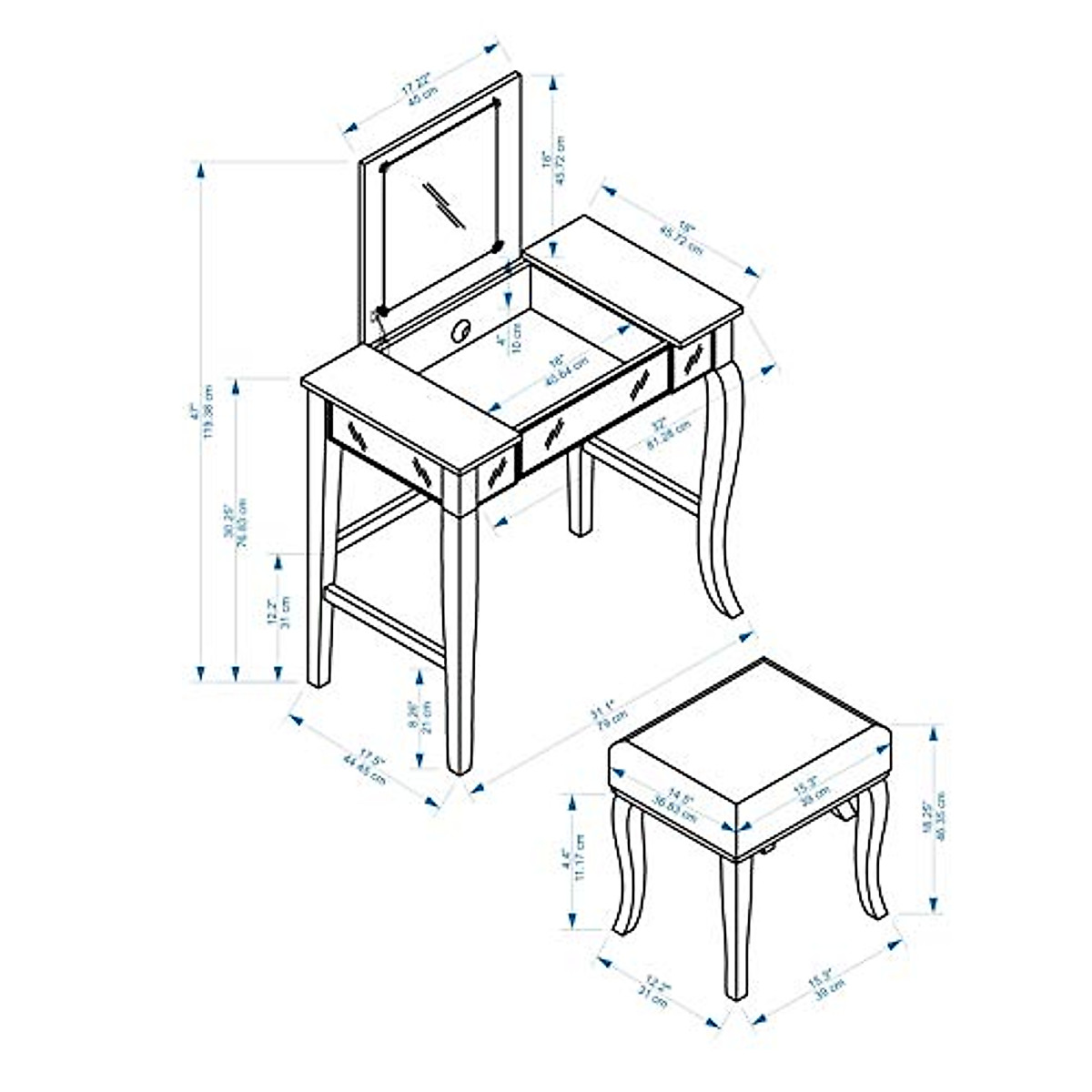 Linon Silver Harper Vanity Set, 32" W x 18" D x 46.75" H