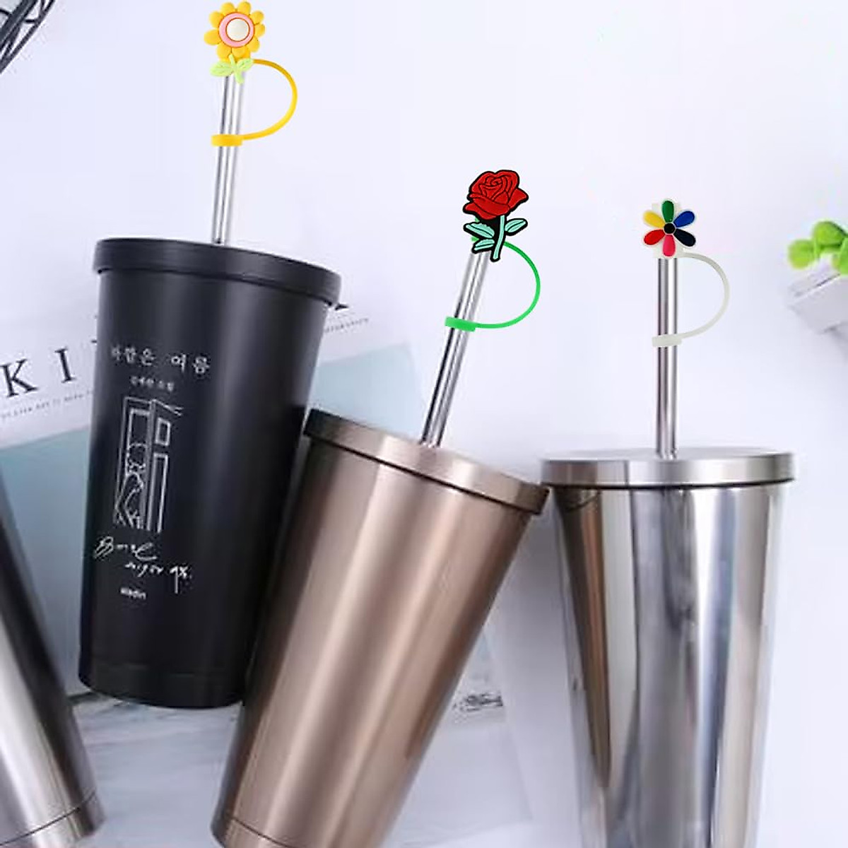 SAMOKA Silicone Straw Cover,10 PCS Straw Tip Cap Reusable Drinking Straw Toppers,Silicone Straw Plugs Reusable Flower Shape Straw Protector