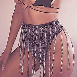 LUDRESS Punk Leather Waist Chain Tassel Dance Skirt Black Belt Belly Chain Hip Body Chain Rave Body Jewelry for Women and Girls