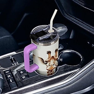 LLUTSNTH 40 Oz Vacuum Tumbler with Violet Handle Leakproof Insulated Tumbler Giraffe Stainless Steel Travel Mug with Lid And Straw Coffee Cup Cute Water Bottles Cup Holder Friendly