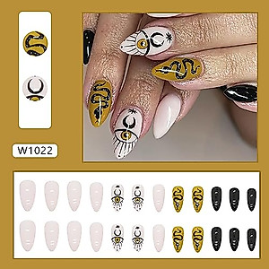 KASOICRA Almond Press-on False Nails, 24 Pcs, Nude, Glossy, Modern Snake and Moon Design, Full Cover, Gel Material, Animal Print Pattern, 1 Set, 1 Pack