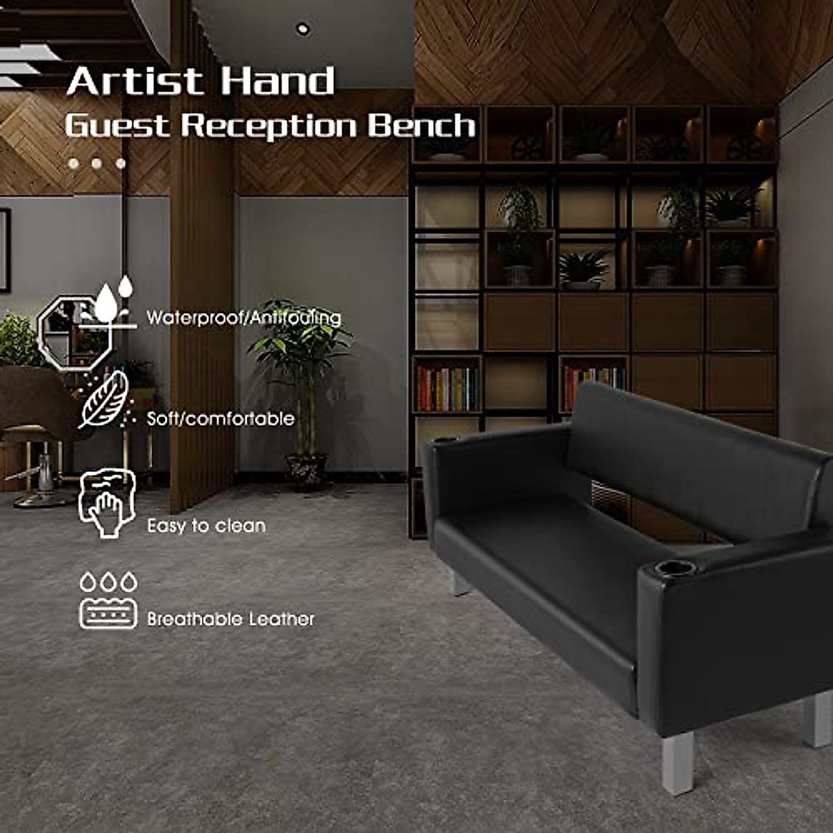Artist hand Reception Chairs Waiting Room Bench Guest Chairs Draped in PVC Leather, 60.6'' Conference Room Chairs with 2 Cup Holder Office Couch Stainless Steel Base Beauty Equipment