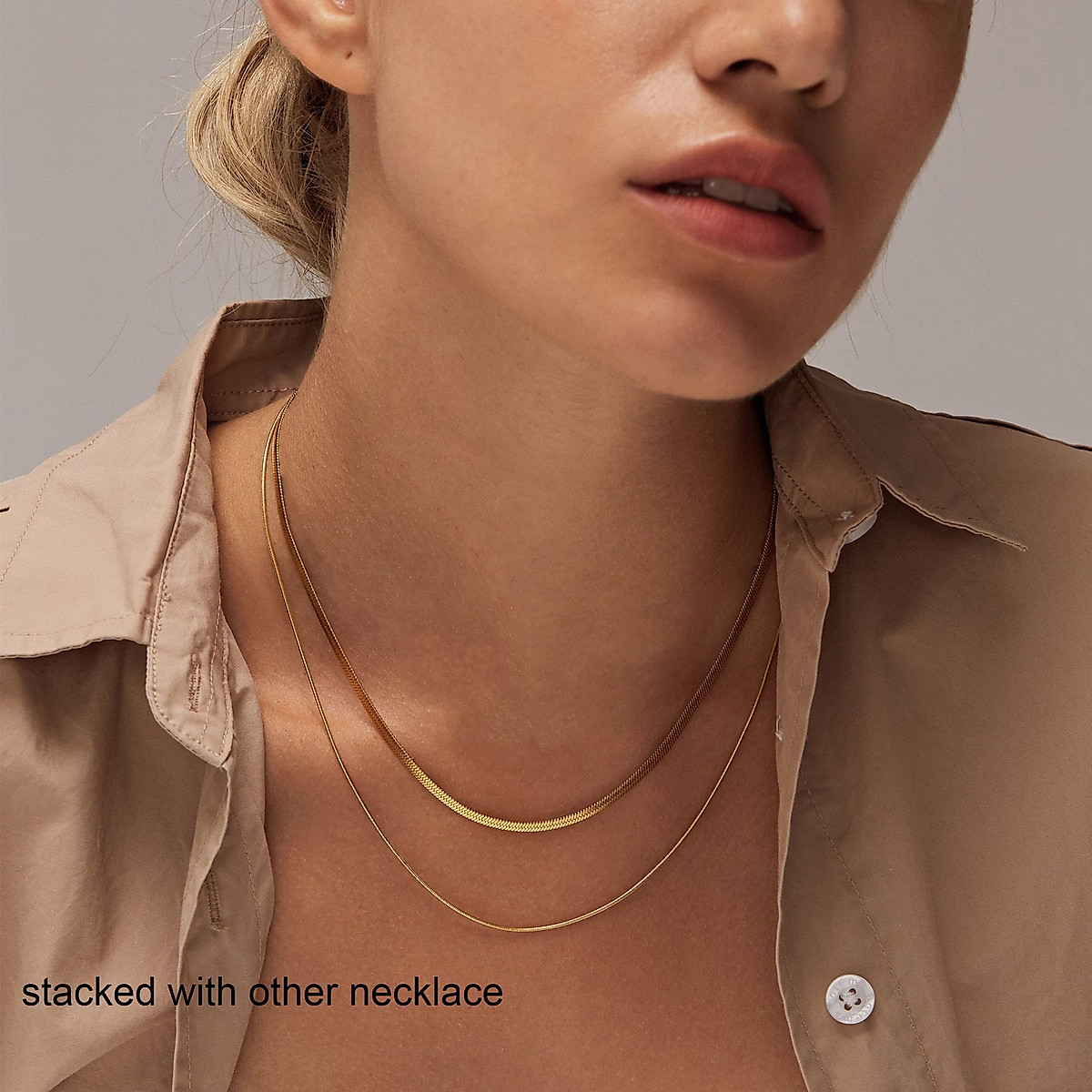 Awvialy Layered Gold Necklaces for Women 14k Gold Plated Beaded Herringbone Necklace Simple Layering Gold Chain Choker Necklaces for Women Cute Dainty Gold Necklace Trendy Gold Jewelry for Women