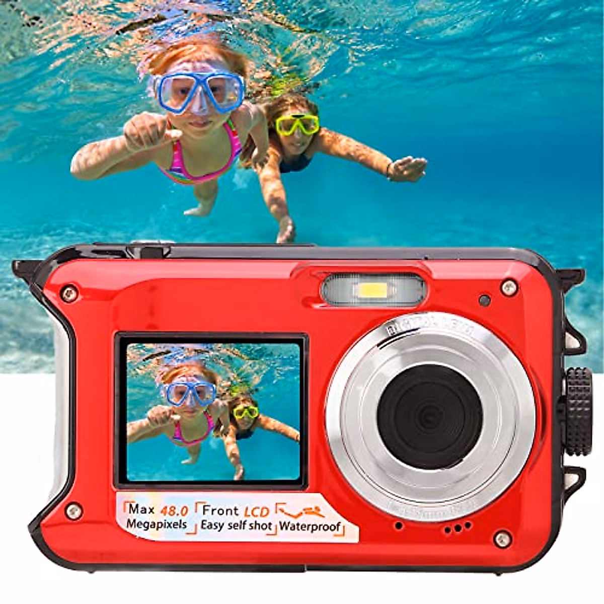 Waterproof Digital Camera, Micro USB 2.0 Full HD Double Screens Waterproof Digital Camera for Photograph Red