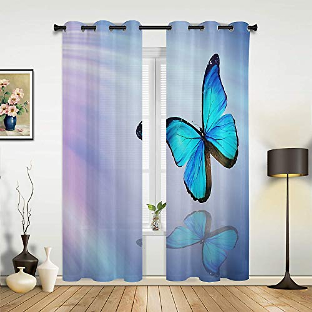 Big buy store Blackout Curtains Panels Blue Butterfly Thermal Insulated Grommet Window Curtains Insect Nature Room Darkening Curtain Drapes for Bedroom & Living Room 52inches W x 96inches L