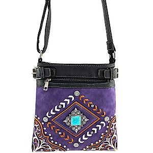 Justin West Concealed Carry Western Tritone Leather Fringe Strip Bohemian Arrow Turquoise Square Concho Laser Cut Embroidered Flower Messenger Handbag (Purple Messenger Bag ONLY)