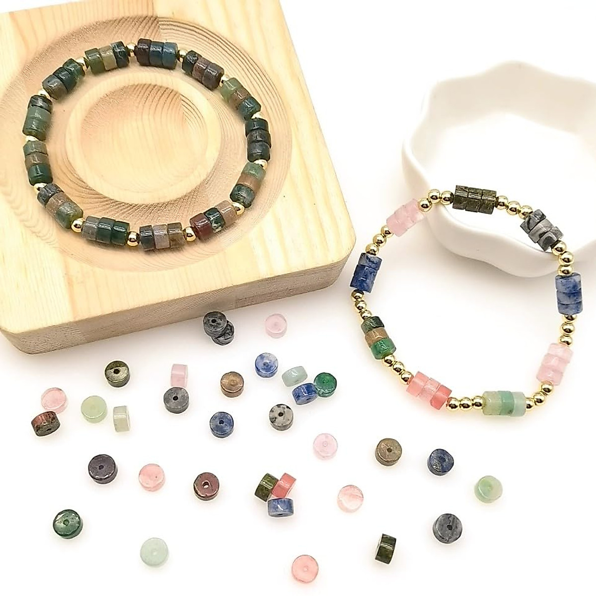 210PCS 3x6mm Natural Stone Beads Spacer for Jewelry Making,7 Colors Genuine Real Flat Round Loose Gemstone DIY for Bracelet Beading Making Kit (3x6mm,7 Color A)