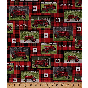 Cotton McCormick Farmall Tractors Logo Farming Farm Country Fences Farmer on Plaid Red Black Cotton Fabric Print by The Yard (D688.45)