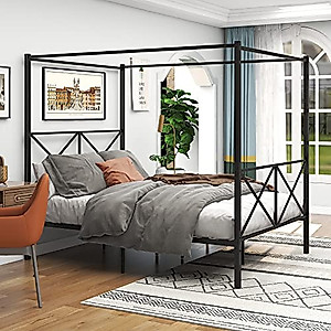 NATJUN Metal Canopy Bed Frame, Platform Bed Frame Queen with X Shaped Frame Queen Black