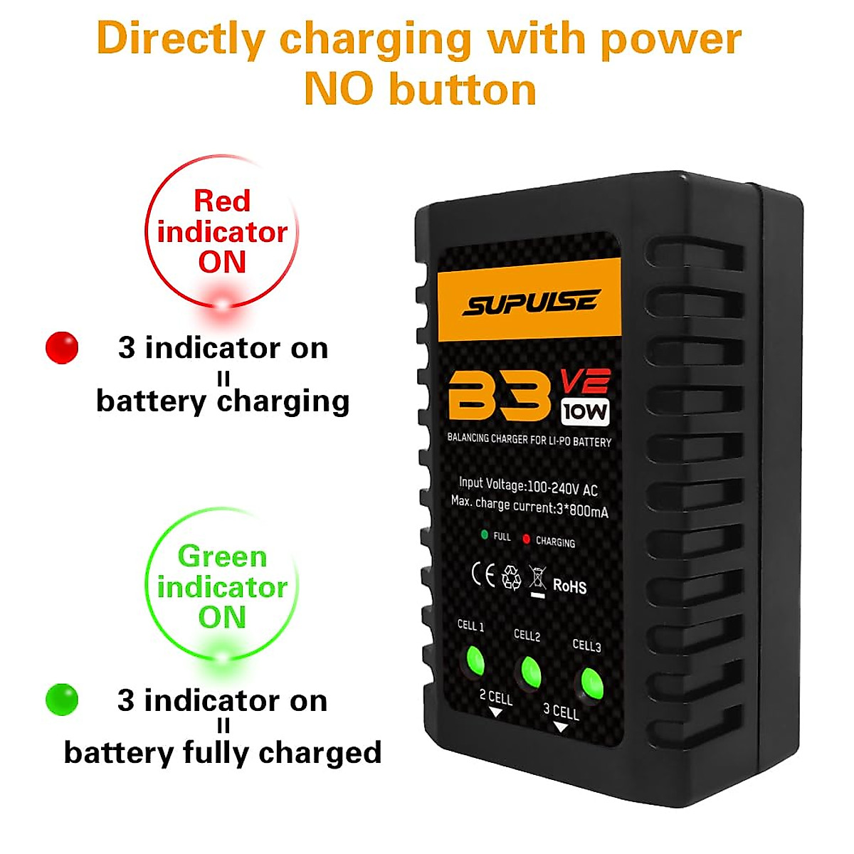 SUPULSE LiPo Battery Charger 2S-3S RC Balance Charger AC 7.4-11.1V 10W Upgrade Version Compact Lipo Charger RC Car Charger for XHR Plug Battery(B3V2)