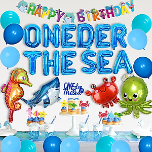 Under The Sea 1st Birthday Decorations - Ocean Ocean Theme First Birthday Party Decorations Ocean Blue Balloons, Oneder The Sea Crab Shark Octopus Seahorse Foil Balloon, Ocean Cake Cupcake Topper