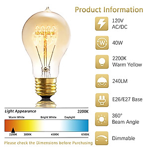 Figame A19 Edison Bulb 40W 6-Pack - Dimmable 120V Amber Glass, Antique Retro Style Old-Fashioned Incandescent Bulb, 2200K Warm Yellow Light, for Home Office Desk Lamp