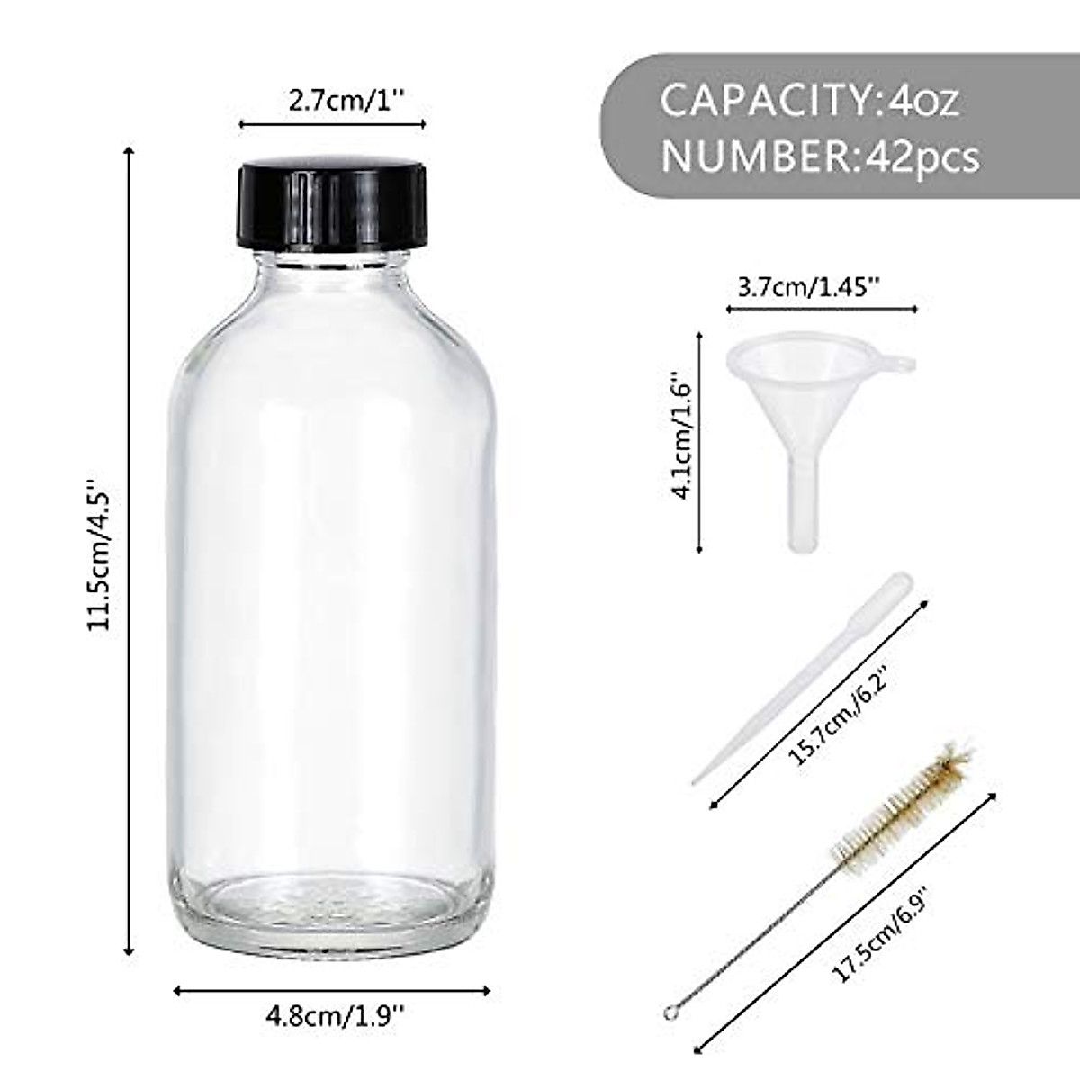 4oz Clear Glass Bottle with Poly Cone Cap, Boston Round Sample Glass Bottle for Potion, Juice, Ginger Shots, Oils, Whiskey, Liquids-48 Labels, 5 Funnels, 5 Droppers, 1 Brush&Chalk Marker-Pack of 42