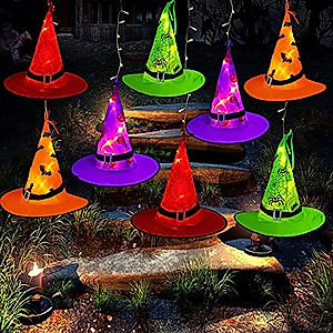 MZD8391 Halloween Decorations Lighted Witch Hats, 8Pcs Hanging Glowing Witch Hats 44ft Halloween Outdoor Lights String with 8 Lighting Modes for Outdoor, Garden, Yard, Tree