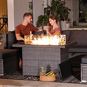 High-Craft 43'' Rectangular Patio Propane Fire Pit Table Gray PE Wicker 55,000 BTU H-Burner Dural Heating Outdoor Firepits 8mm Glass Top & Aluminum Frame Anti-Rust with Cover & Windguard