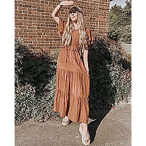 PRETTYGARDEN Womens Summer Boho Maxi Dress Short Sleeve V Neck Ruffle Trim High Waisted Tiered Party Flowy Long Dresses 2023 (Coffee, Medium)