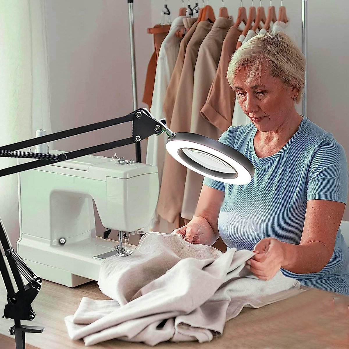 Magnifying Glass with Light and Stand, Desk Lamp with 10X Magnifying, 3 Color Modes, Dimmable Swivel Arm Magnifier Light for Crafts Workbench