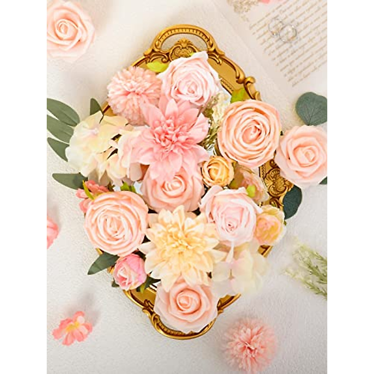 PERFNIQUE Pink Artificial Flowers Combo Box, Set of 47pcs Faux Flowers, Fake Floral Arrangements for DIY Wedding Bouquets Centerpieces with Roses, Baby Shower Party Home Decorations(Peach Pink)