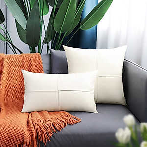 BRAWARM Faux Leather Throw Pillow Covers 20 X 20 Inches, Cream Leather Pillow Covers Pack of 2, Hand Stitched Leather Decorative Throw Pillows for Couch Sofa Bed Living Room Home Garden