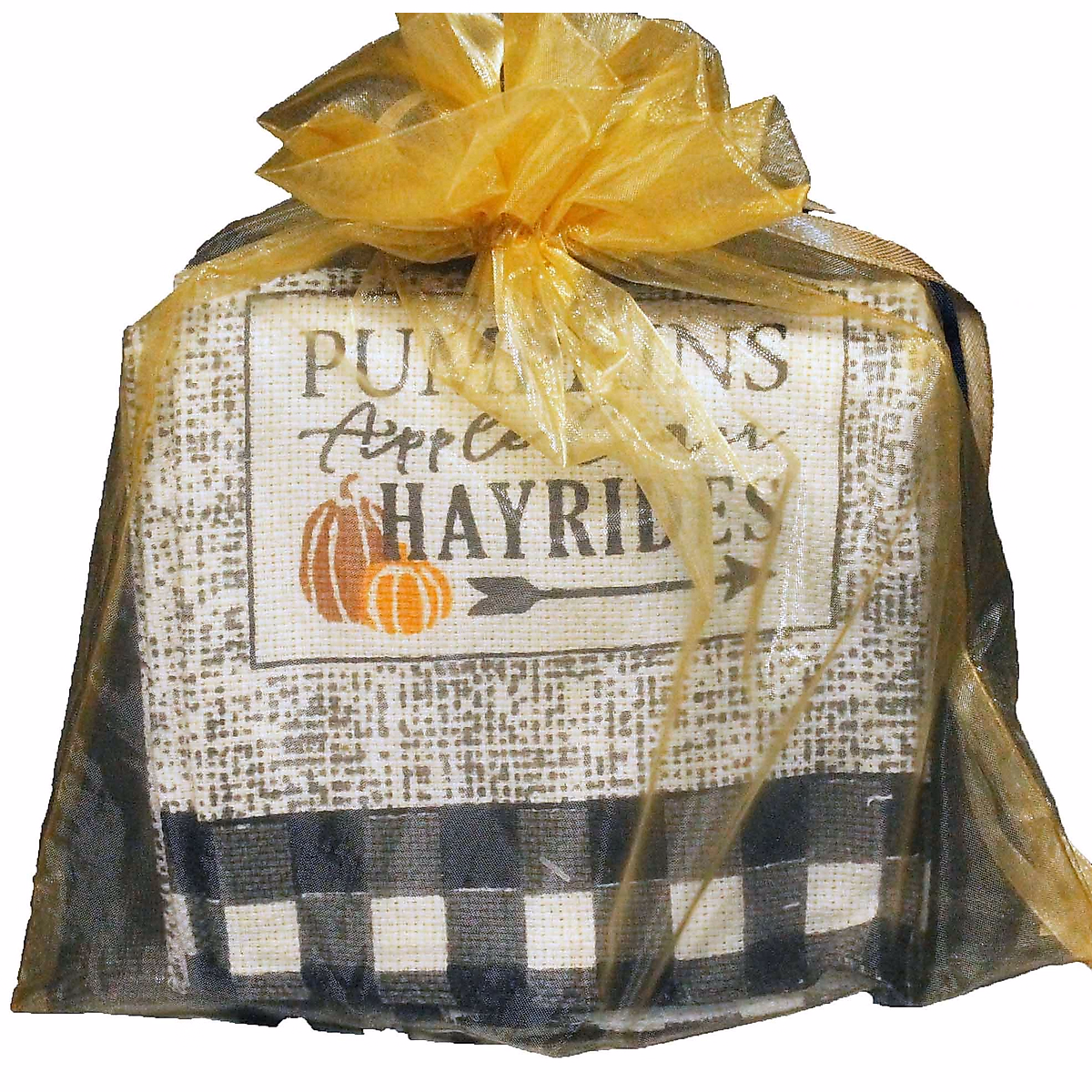 4 pc Fall Kitchen Set w/Kitchen Towels, Oven Mitt, Pot Holder - Buffalo Plaid Kitchen Set Pumpkin, Apple Cider, Hayrides Fall Kitchen Decor Set - Comes in an Organza Bag so It's Ready for Giving