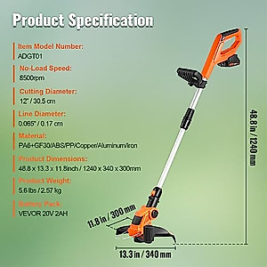 VEVOR Cordless String Trimmer, 12" 20 V Battery Powered Weed Eater with Auto Feed, 3 Spools, Battery and Charger Included, Cordless Weed Wacker for Trimming and Edging, for Lawns, Orchards, Driveways