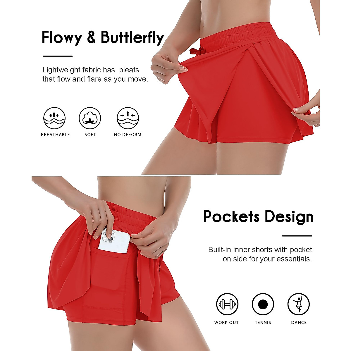 QooNoo 2 in 1 Athletic Shorts for Women Flowy Running Butterfly Shorts with Pockets High Elastic Gym Shorts Workout Tennis Skorts (Red,Small)