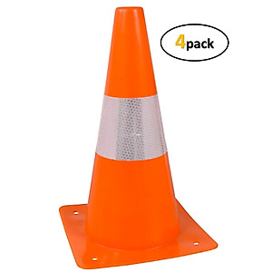 Orange Safety Cones - Hazard Cones (4Pc) 12" Hardware Plastic Safety Cone with Reflective Strip Collar - Great for Kids Play - Physical Distancing Barriers