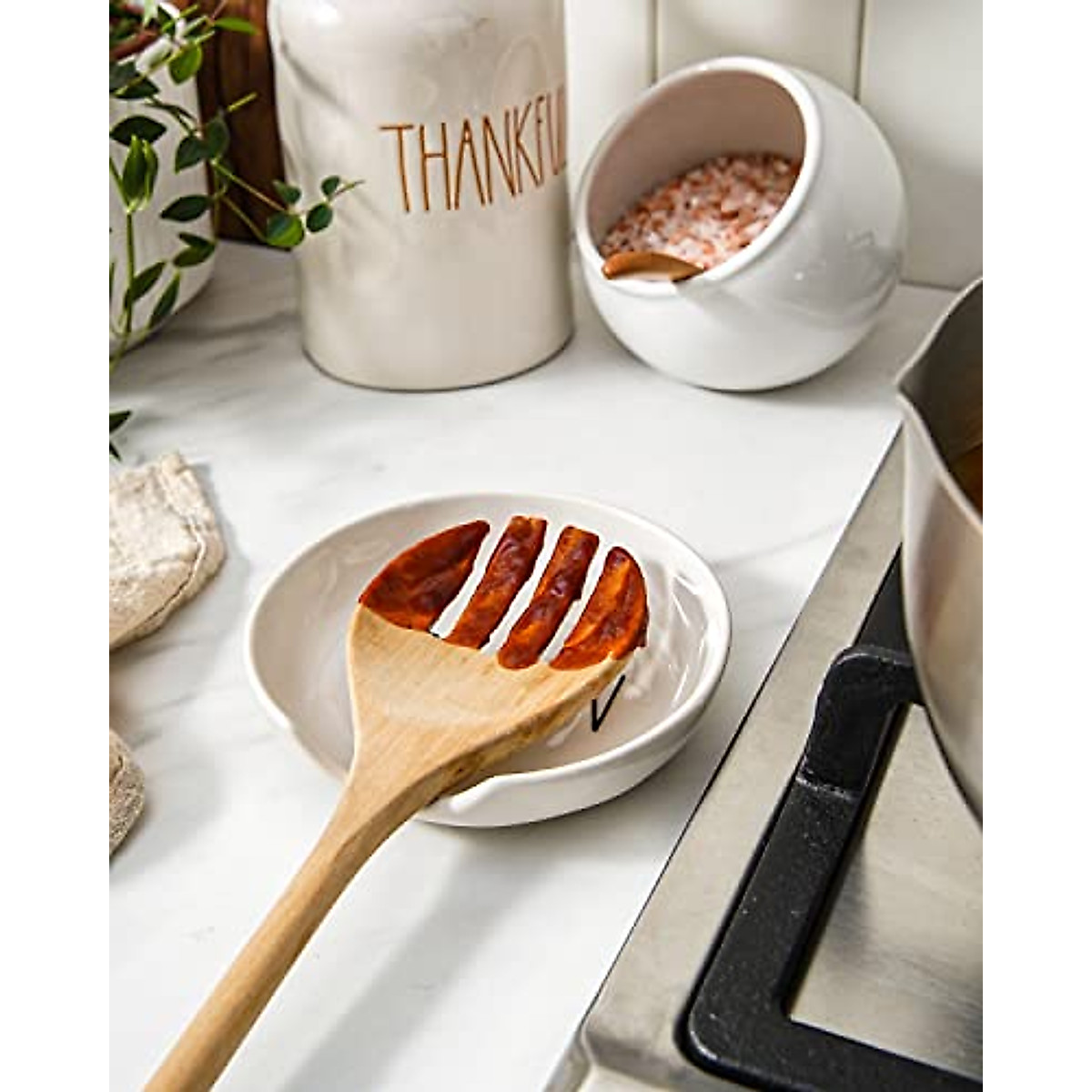 LE TAUCI Spoon Rest for Kitchen Counter, Spoon Rest for Stove Top, Farmhouse Kitchen Decor, Ceramic Utensil Holder for Cooking, 5 Inch - Set of 4, Oyster White