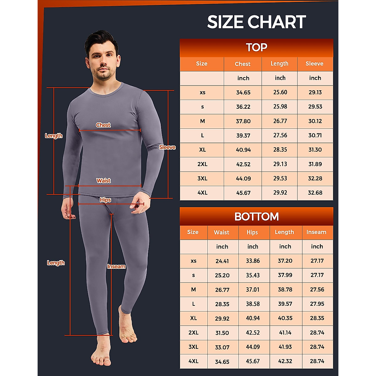 Thermal Underwear for Men, 2 Pack Long Johns Winter Long Underwear Sport Skiing Fleece Lined Base Layer Top and Bottom Set L