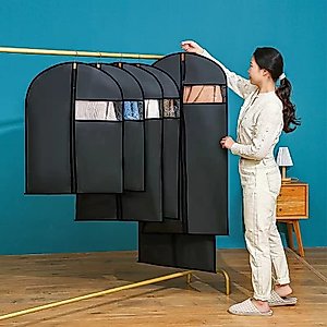 Black Garment Bags Clothes Dust Cover Storage Bag(Set Of 5) for Storage and Travel, Suit Bags for Closet Storage with Clear Window Suit Protector Garment Bag（24*48in）