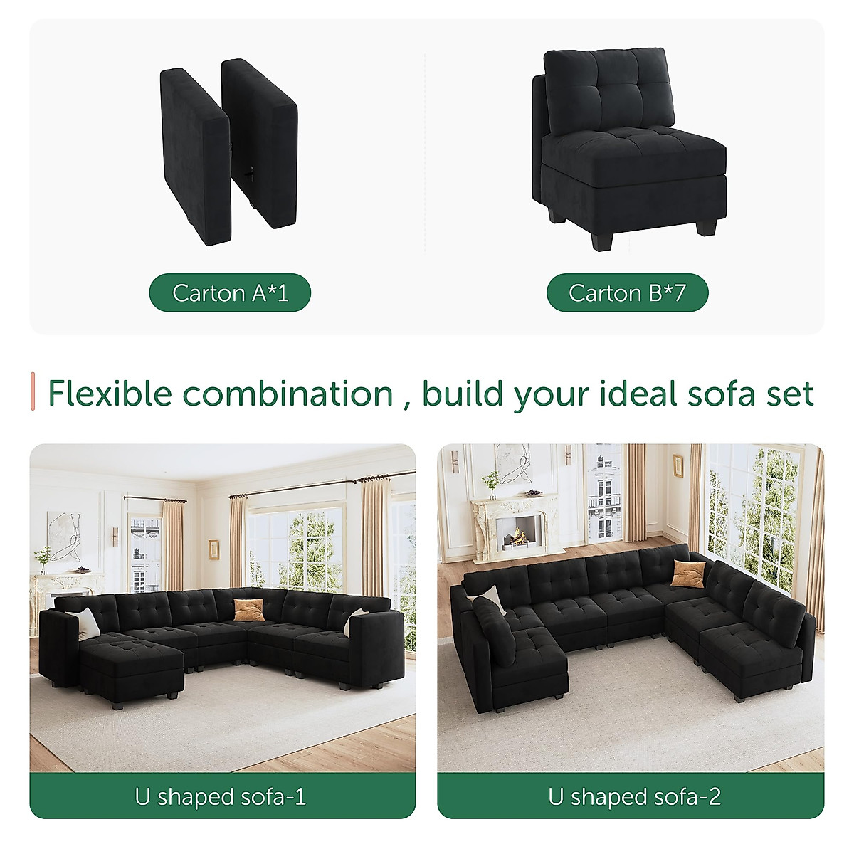 HONBAY Modular Sectional Sofa Oversized U Shaped Couch with Storage Seat Velvet 7-Seat Modular Sofa with Reversible Chaises,Velvet Black